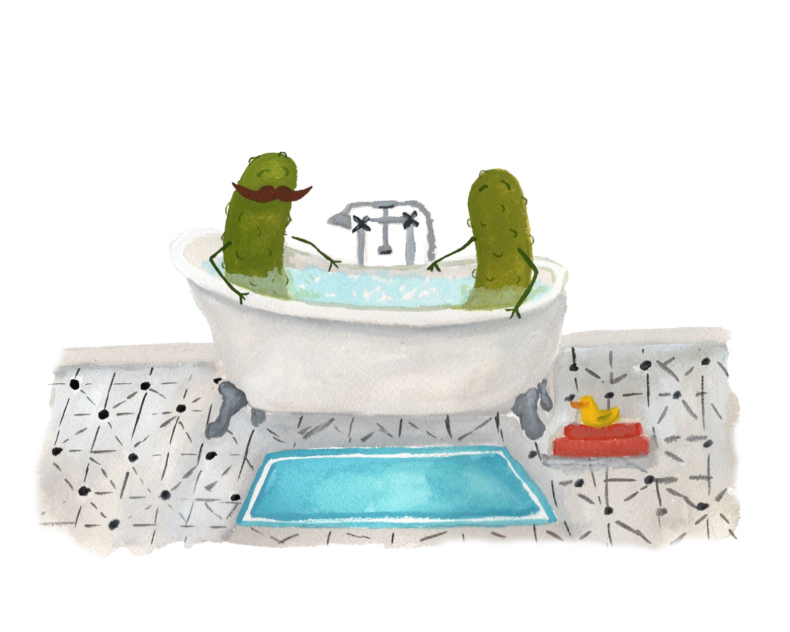 Whimsical Pickles With Mustaches Taking a Bubble Bath in the Bathtub ...