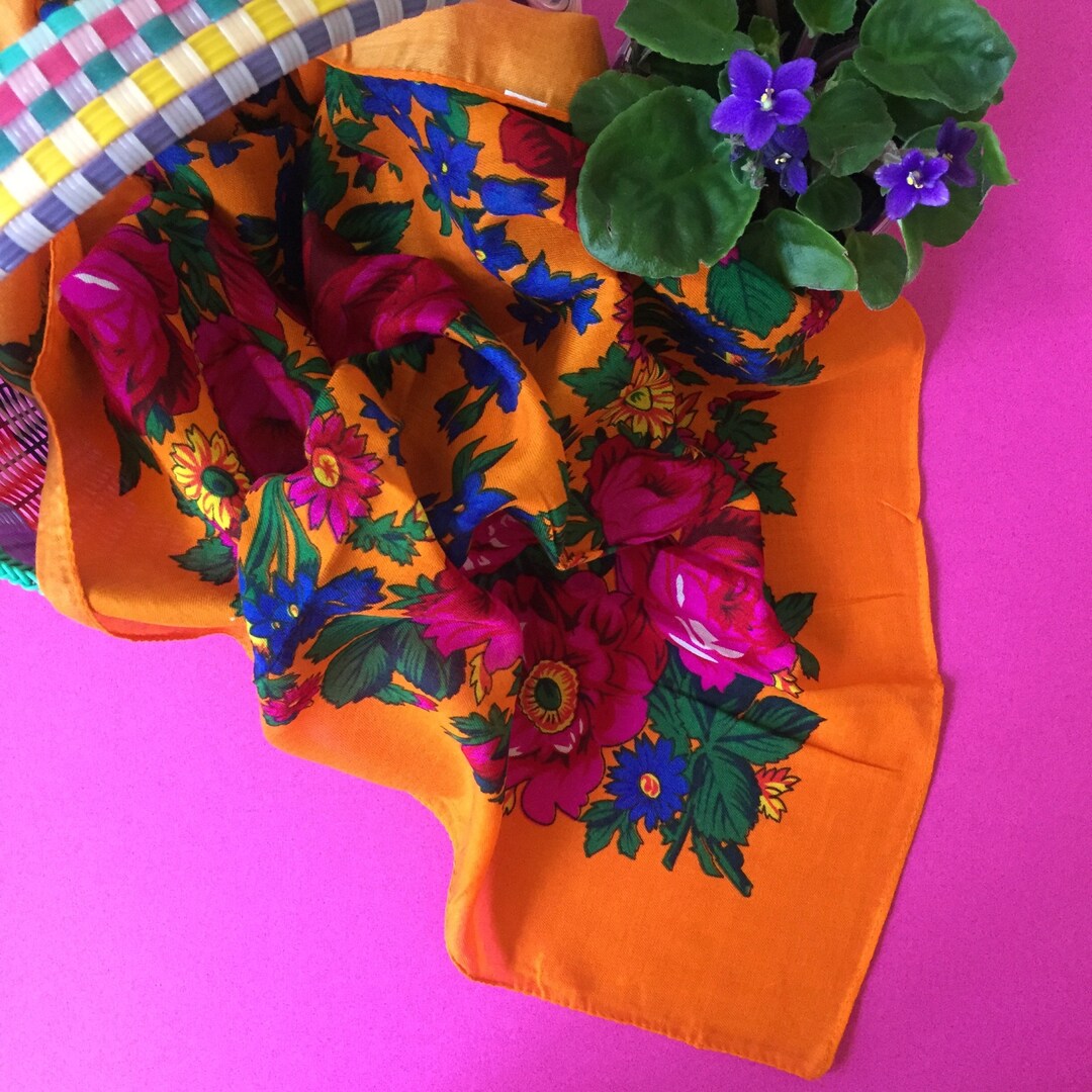 Mango Orange Floral Tlacolula Head Scarves // Oaxacan Floral Wrap ...
