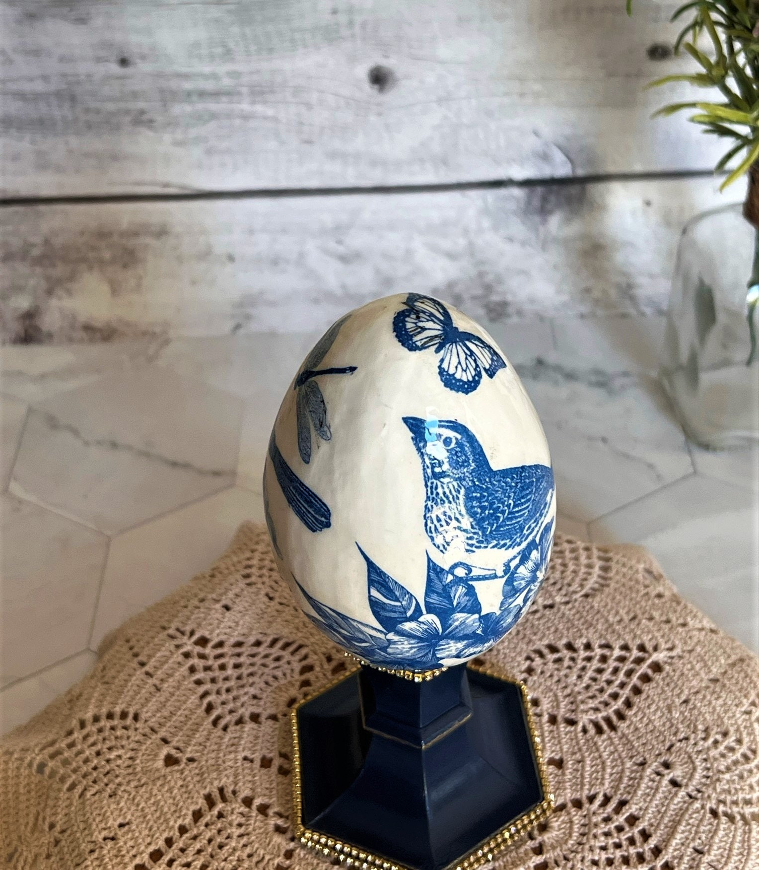 Paper Mache Easter Egg Blue and White Egg. Decoupaged Egg. Spring Egg ...