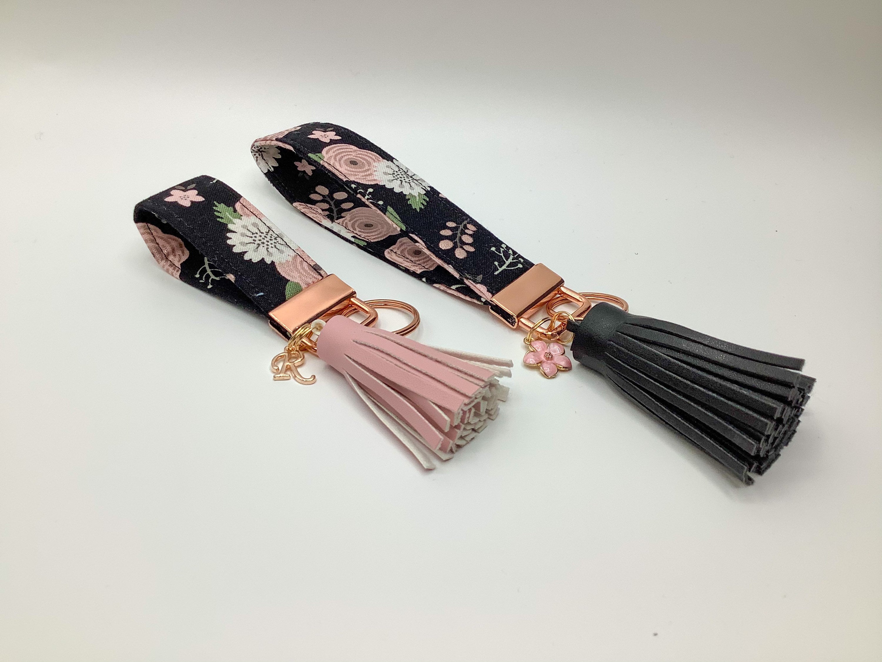 Black and Pink Floral Key Fob Wrist Strap Lanyard with | Etsy