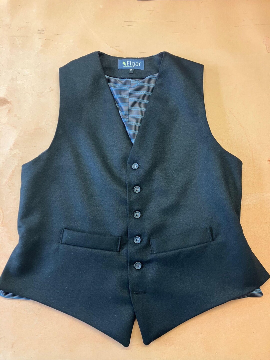 Black Wool Waistcoat With Horizontal Striped Cotton Lining Medium Only ...