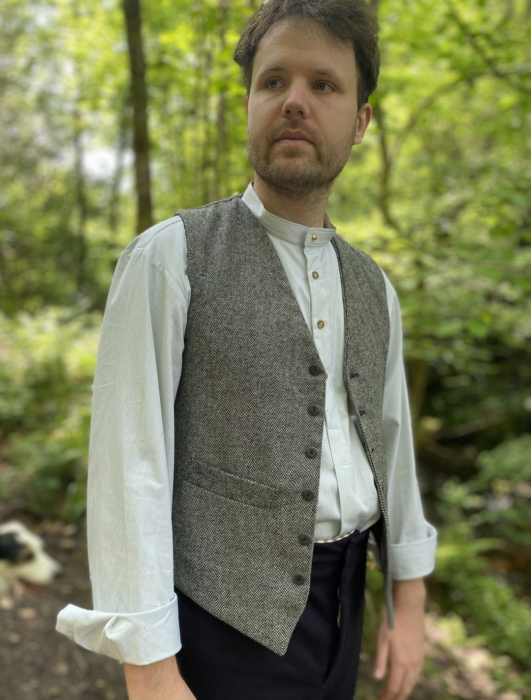 Large Only - Waistcoat in Vintage Tweed, Herringbone Weave Wool, Black ...