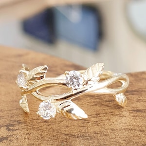 Leaf Engagement Ring 14k Solid Gold, Nature Engagement Ring, Leaves Art ...