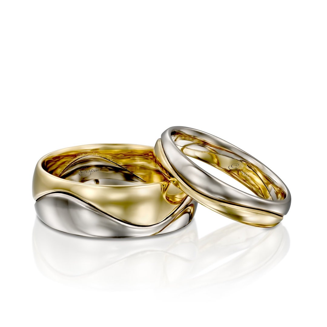 14k Gold Wedding Bands Set: Two Tone Wave Rings for Couples - Etsy