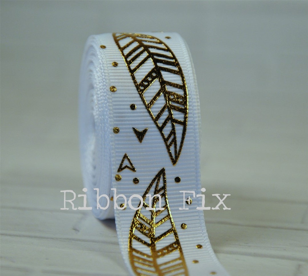 7/8" White & Gold Foil Feather Print Grosgrain Ribbon - Tribal Feathers ...
