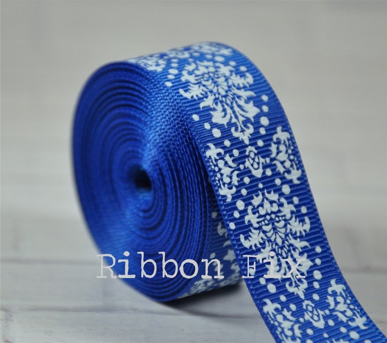 7/8 Neon Blue & White Damask Grosgrain Ribbon Toile - Etsy
