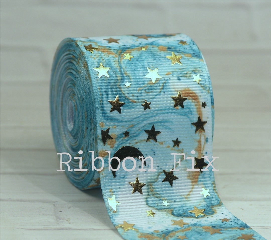 1.5" Jade Galaxy With Gold Moon & Stars Print Grosgrain Ribbon ...