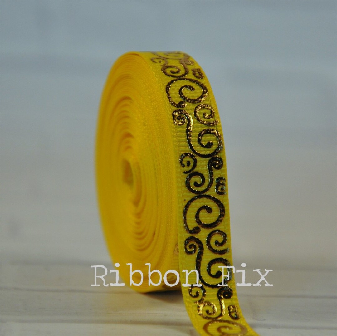 3/8" Yellow & Gold Swirl Print Grosgrain Ribbon - US Designer - Bling ...