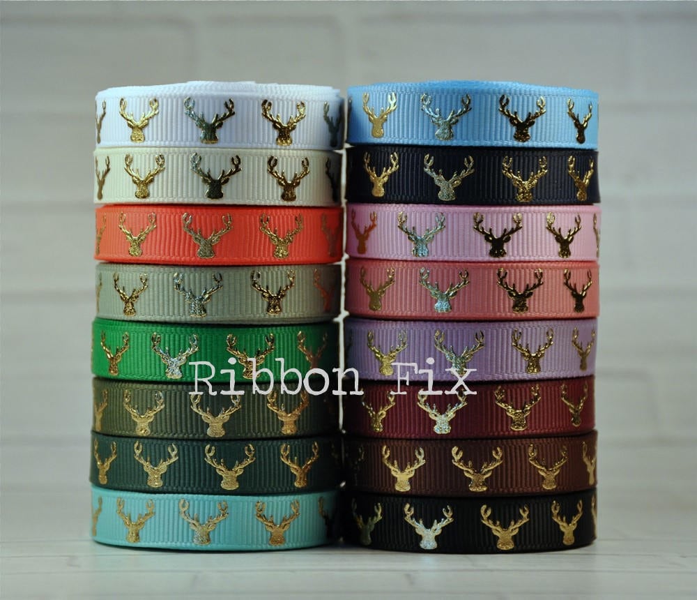 3/8" Gold Foil Deer Head Antler Print Grosgrain Ribbon - Tribal Hunting ...