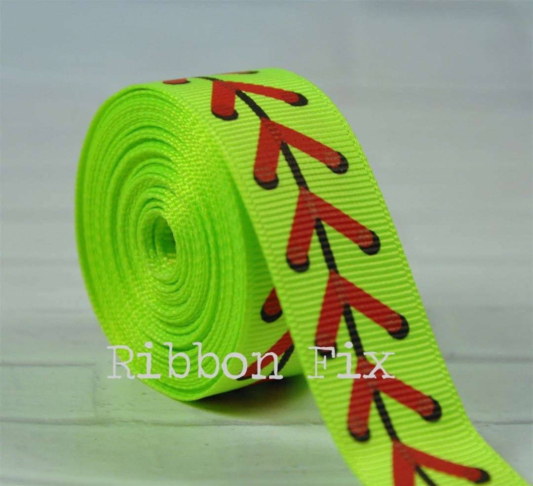 7/8" Neon Yellow Softball Laces Print Grosgrain Ribbon - Fast Pitch ...