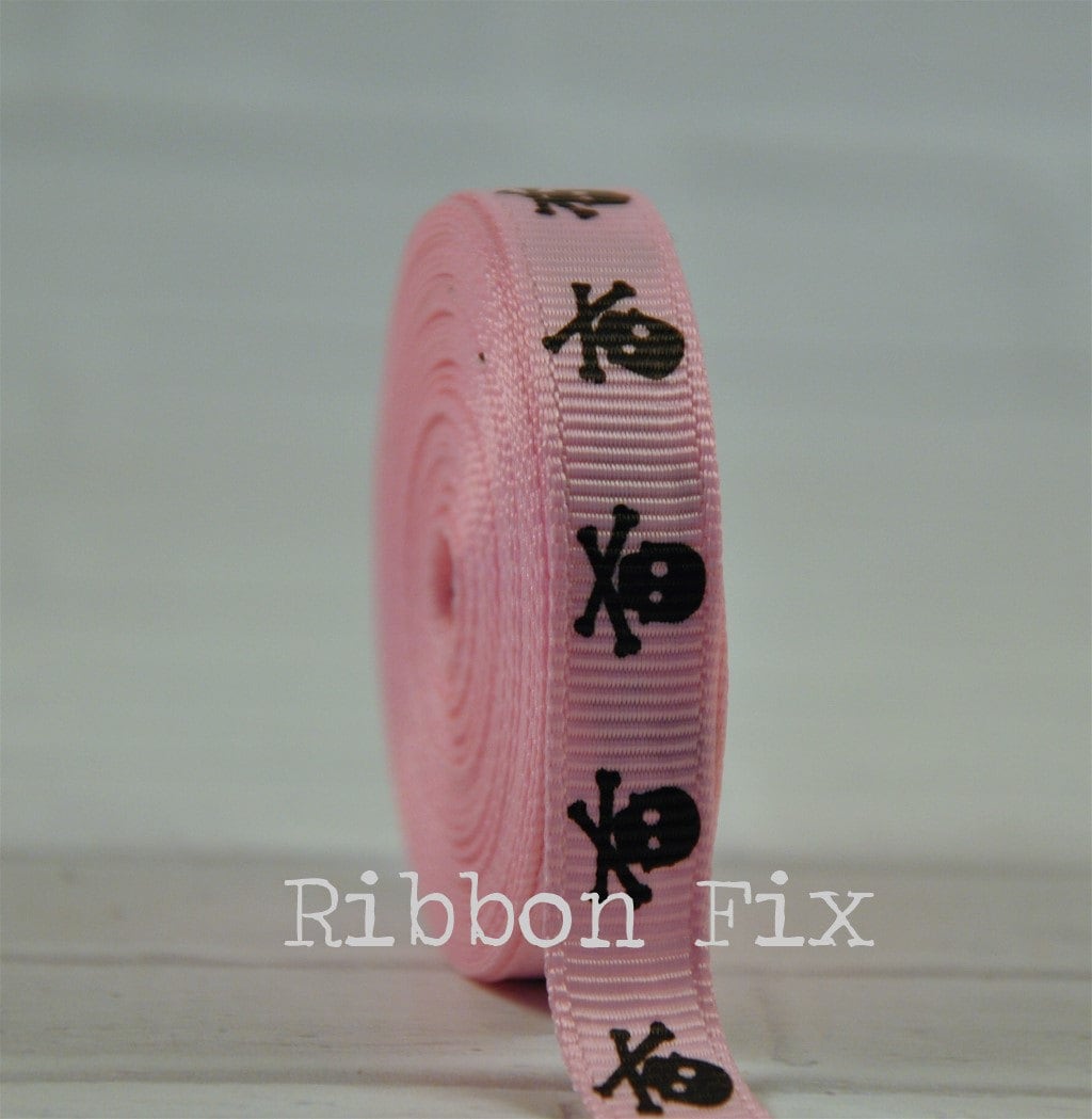 3/8" Baby Pink & Black Skull Grosgrain Ribbon - US Designer Print ...