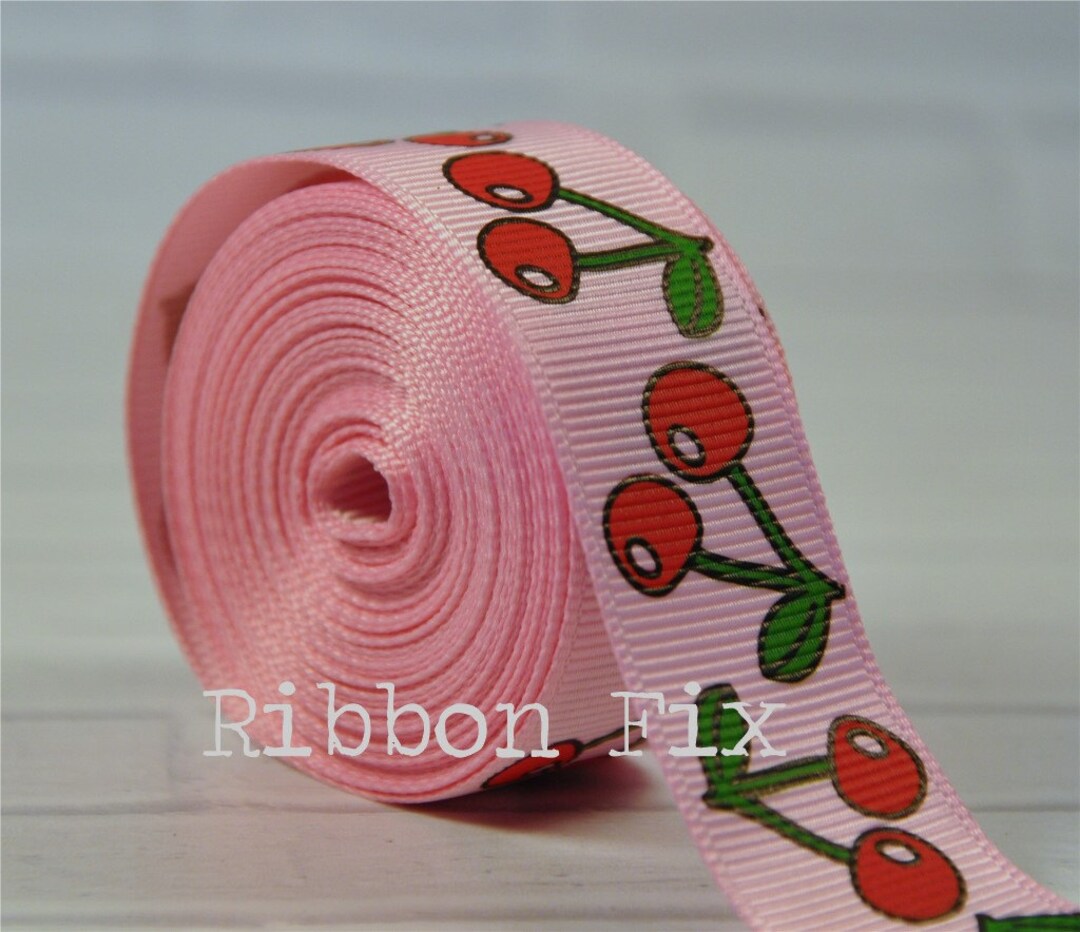 7/8" Baby Pink Cherry Print Grosgrain Ribbon - Red Cherries Bows ...