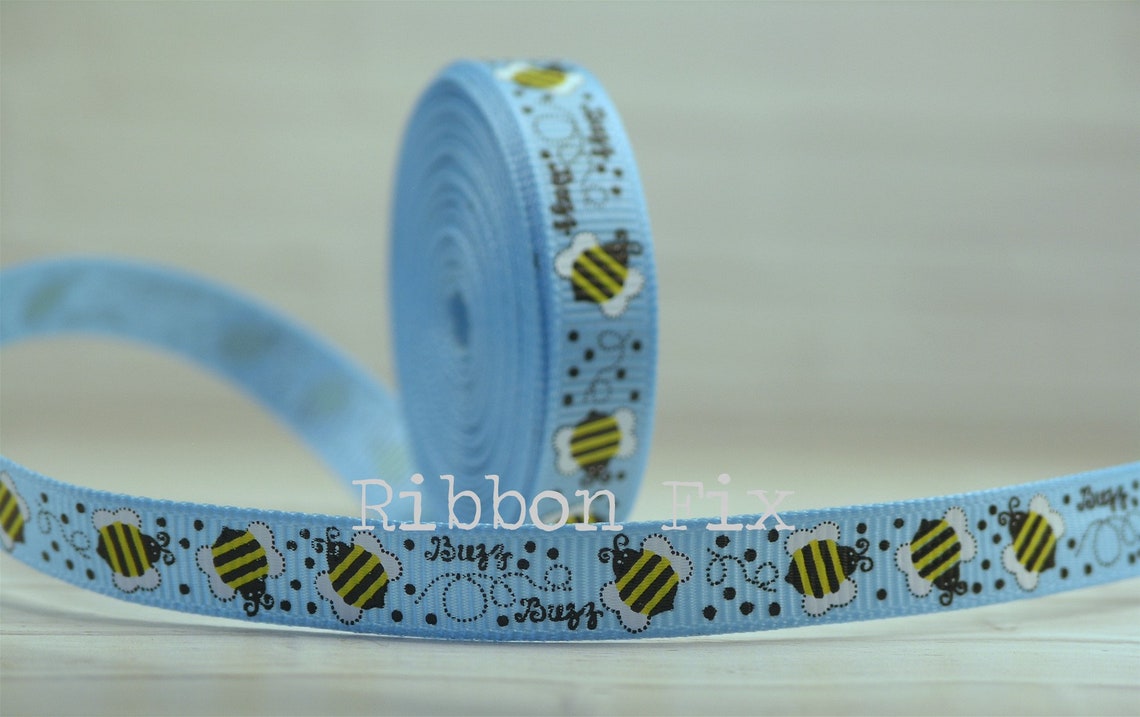 3/8" Baby Blue Buzzing Bees Print Grosgrain Ribbon - US Designer ...