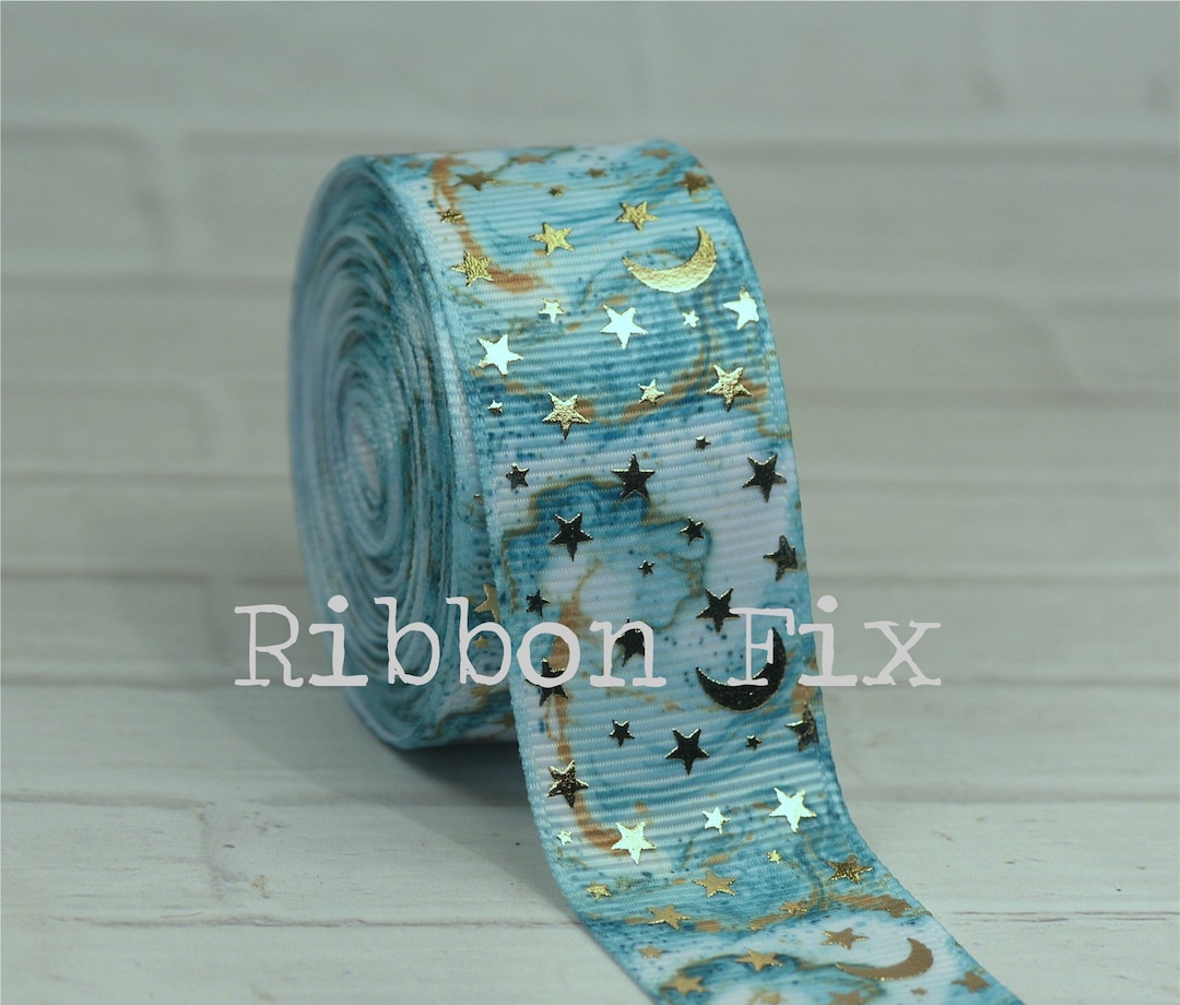 1" Jade Galaxy With Gold Moon & Stars Print Grosgrain Ribbon ...