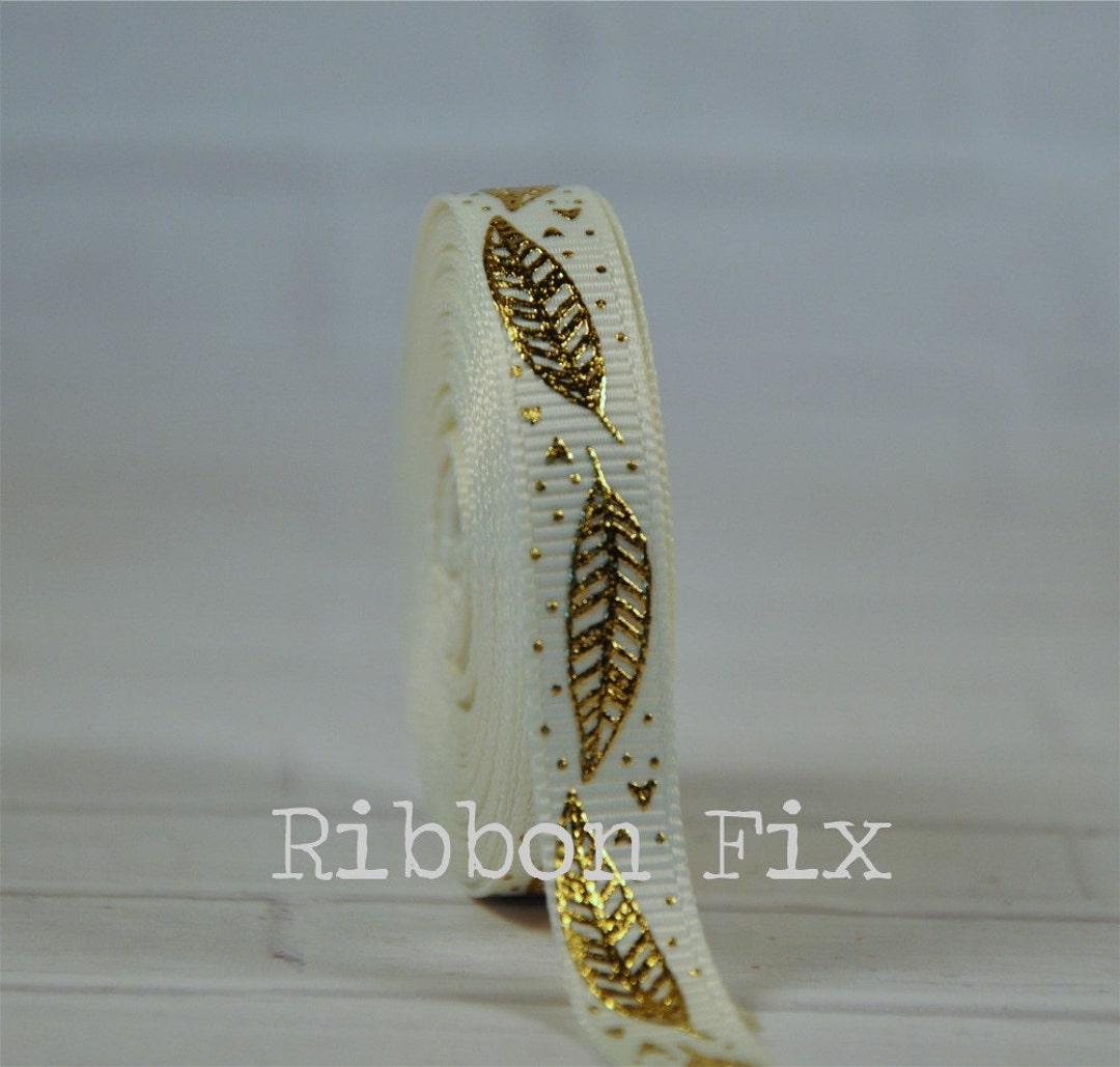 3/8" Antique White & Gold Foil Feather Print Grosgrain Ribbon ...