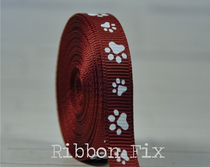 2 Yards 7/8 Burgundy With White Animal Paw Print Grosgrain Ribbon Team ...