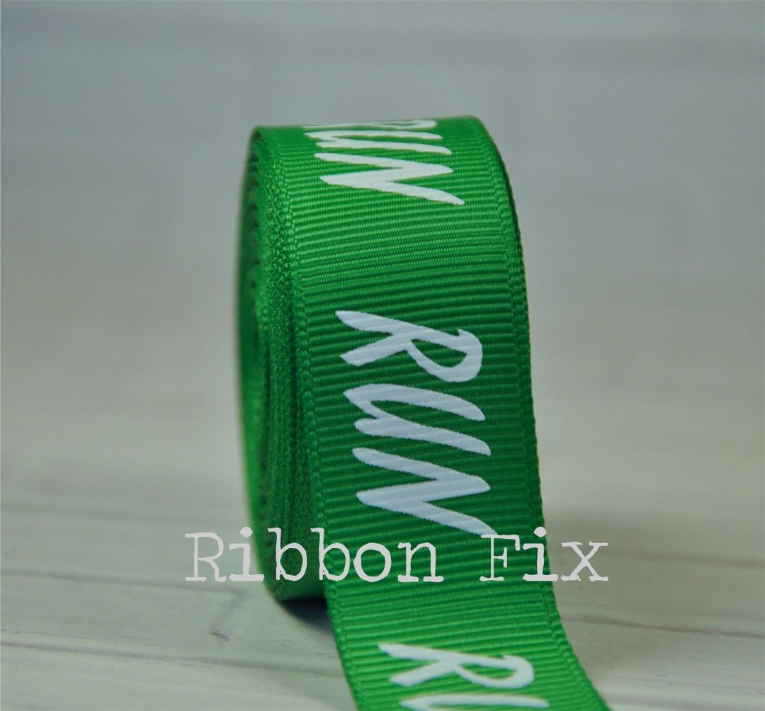 7/8" Emerald & White Run Marathon Print Grosgrain Ribbon - Running ...