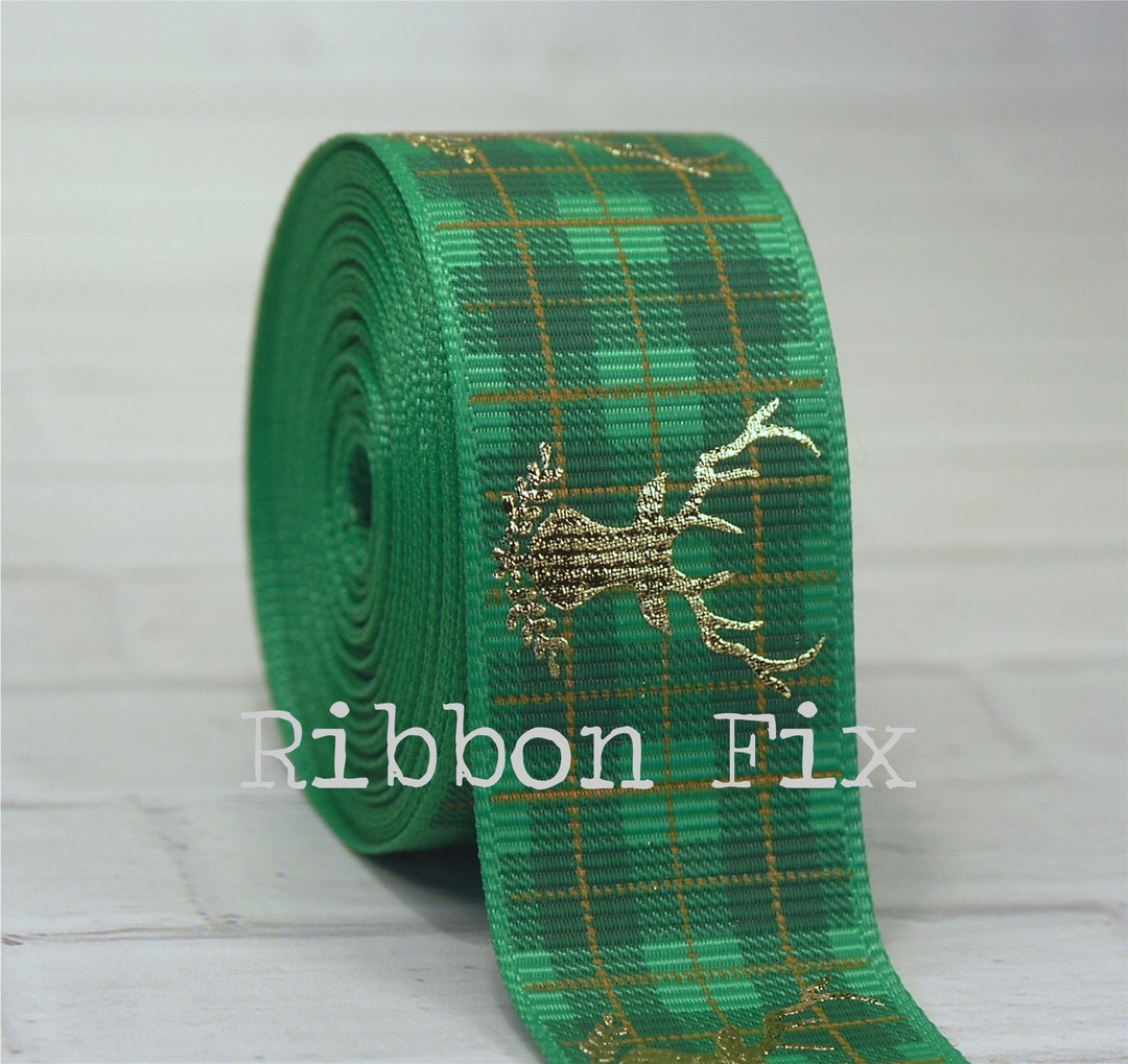 1" Christmas Green & Gold Foil Deer Head Antler Print Grosgrain Ribbon ...