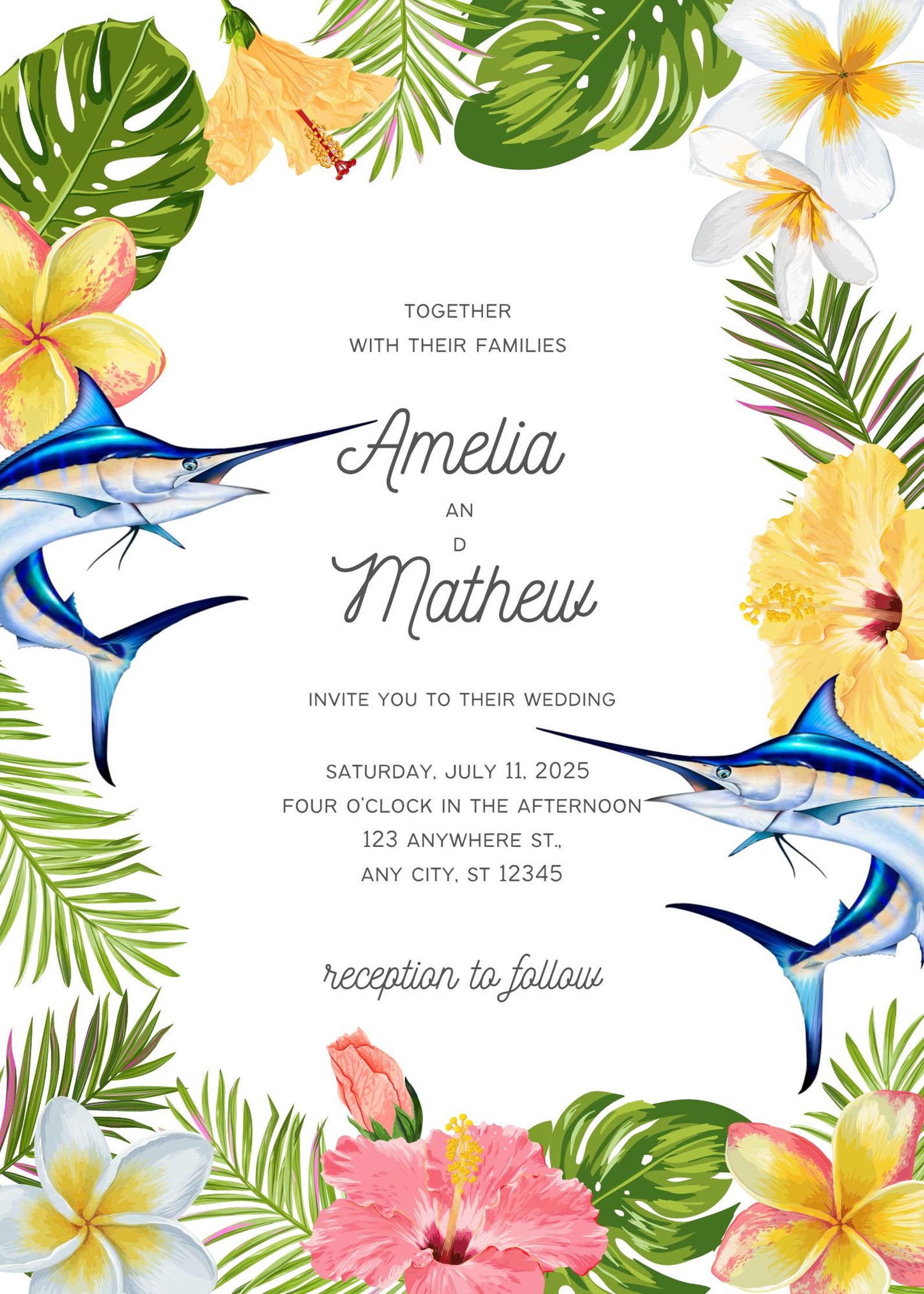 Tropical Marlin Wedding Invitation Download and Edit in CANVA 5" X 7 ...