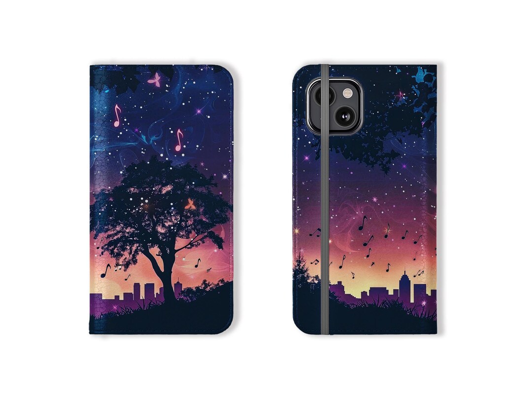 Cityscape and Music Notes Phone Wallet Case With Card Holder for iPhone ...