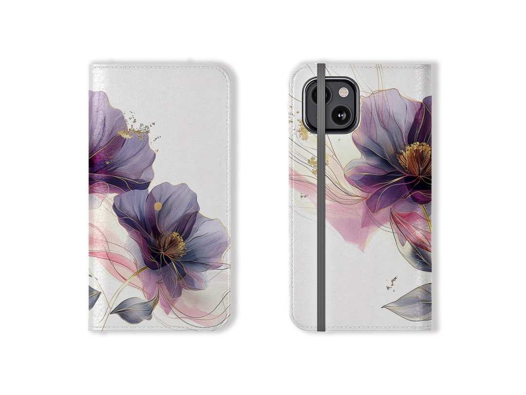Simple Elegant Purple Flowers Phone Wallet Case With Card Holder for ...
