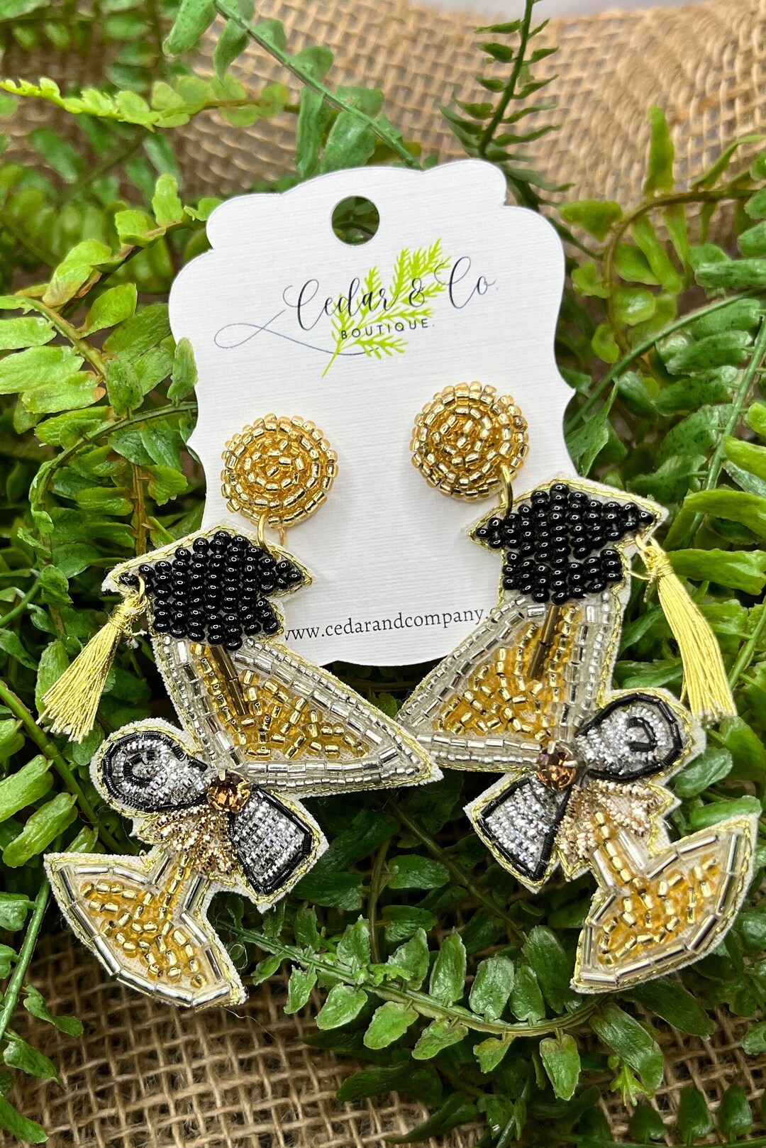 Graduation Earrings, Black and Gold Graduation Earrings, Beaded ...