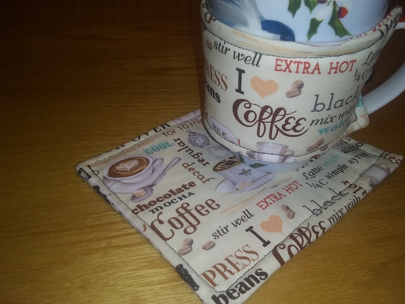 Coffee Fabric Mug Cozy and Rug Set | Mug Warmer Coaster - Etsy