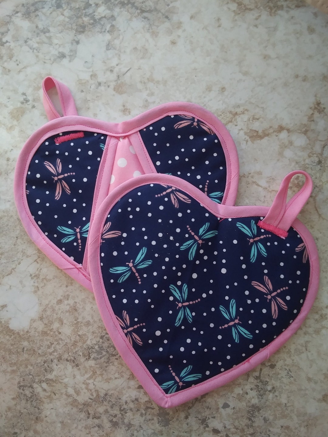 Set of 2 Pink Dragonfly Heart Potholders, Polkadot Heart Oven Mitts ...