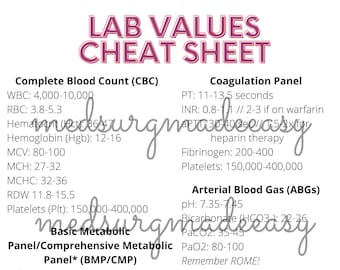 Lab Values Cheat Sheet - Etsy