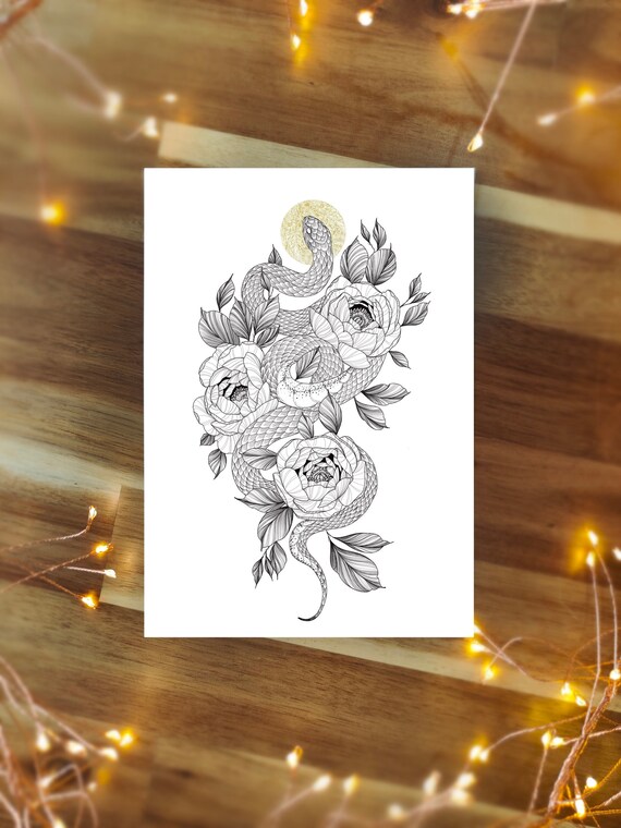 Gold Embossed Moon Snake Fine Art Print Celestial Art Tattoo - Etsy UK