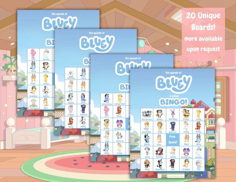 Bluey Bingo Game: 20 Boards, 40+ Character Calling Cards and 30 Tiles ...