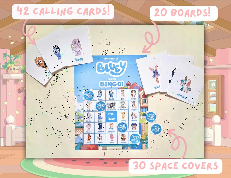 Bluey Bingo Game: 20 Boards, 40+ Character Calling Cards and 30 Tiles ...