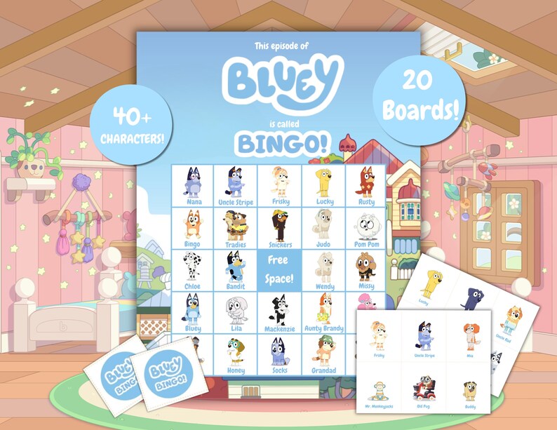 Bluey Bingo Game: 20 Boards, 40+ Character Calling Cards and 30 Tiles ...
