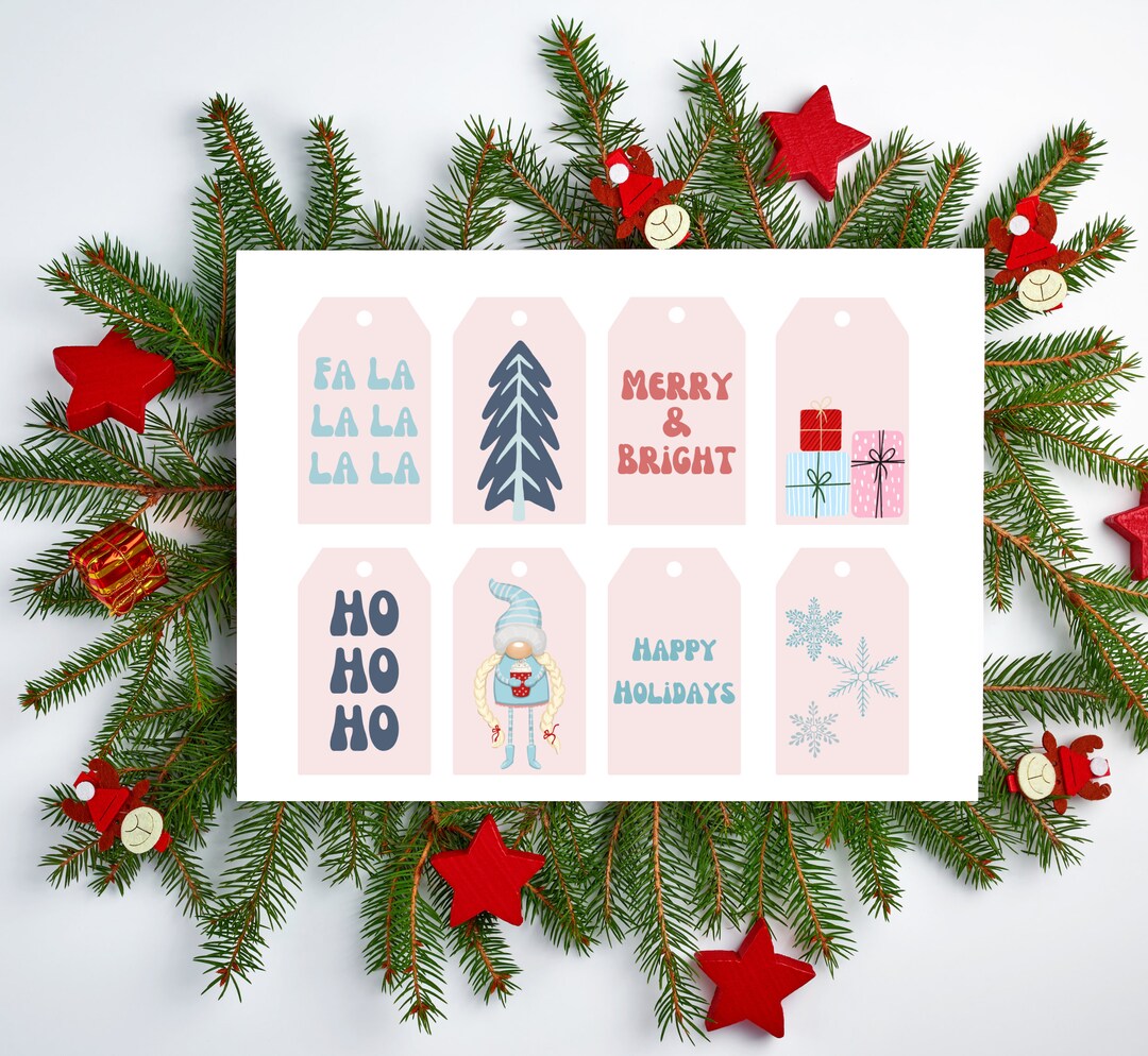 Printable Christmas Tags, Retro Gift Tags Printable, Pink Christmas ...