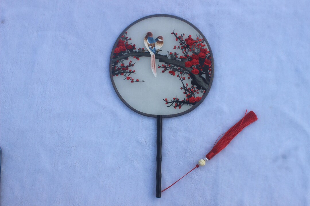 Handmade Double-sided Embroidery Fan: Plum & Magpies, Framed Silk Art ...