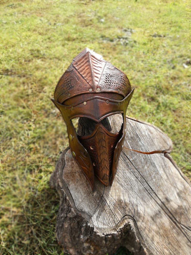 LEATHER HELMET medieval with removable mask warrior fighter | Etsy