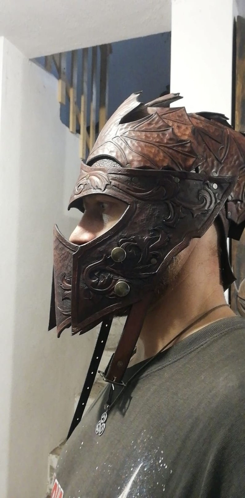 Leather helmet medieval helmet with removable mask helmet | Etsy