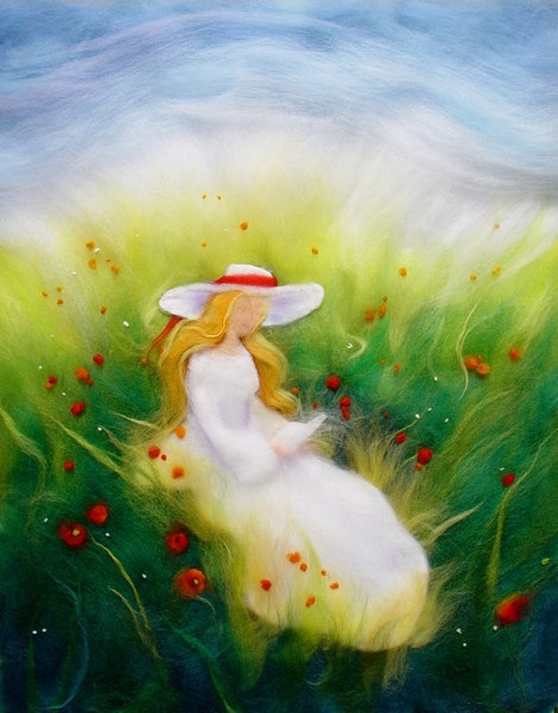 Tableau en laine : lecture dans l'herbe - Etsy France