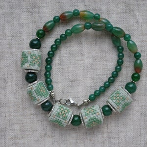 Green Agate Necklace Embroidered Ukrainian Jewelry Boho Stone Necklace ...