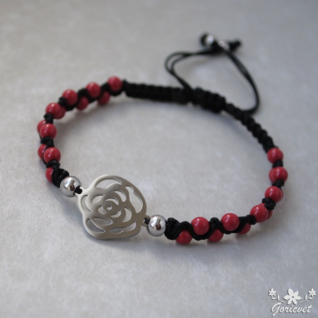 Rose Charm Bracelet Braid Ceramic Bead Bracelet Boho Flower Jewelry Red ...