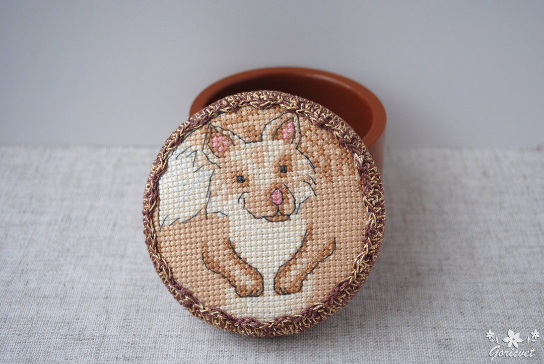 Fox Embroidered Jewelry Box Round Wooden Box Animal Keepsake Box Hand ...