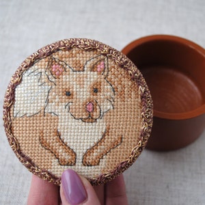 Fox Embroidered Jewelry Box Round Wooden Box Animal Keepsake Box Hand ...