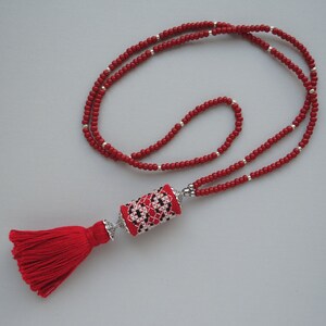 Long Tassel Beaded Necklace Red Fabric Embroidered Pendant - Etsy