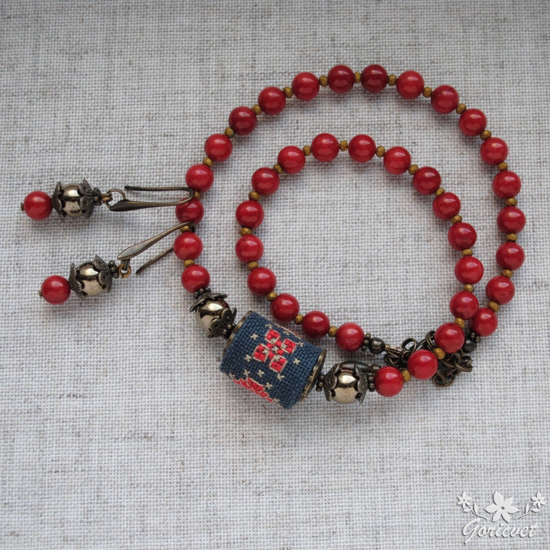 Red Coral Pyrite Necklace and Embroidered Bead Ukrainian Jewelry Gift ...