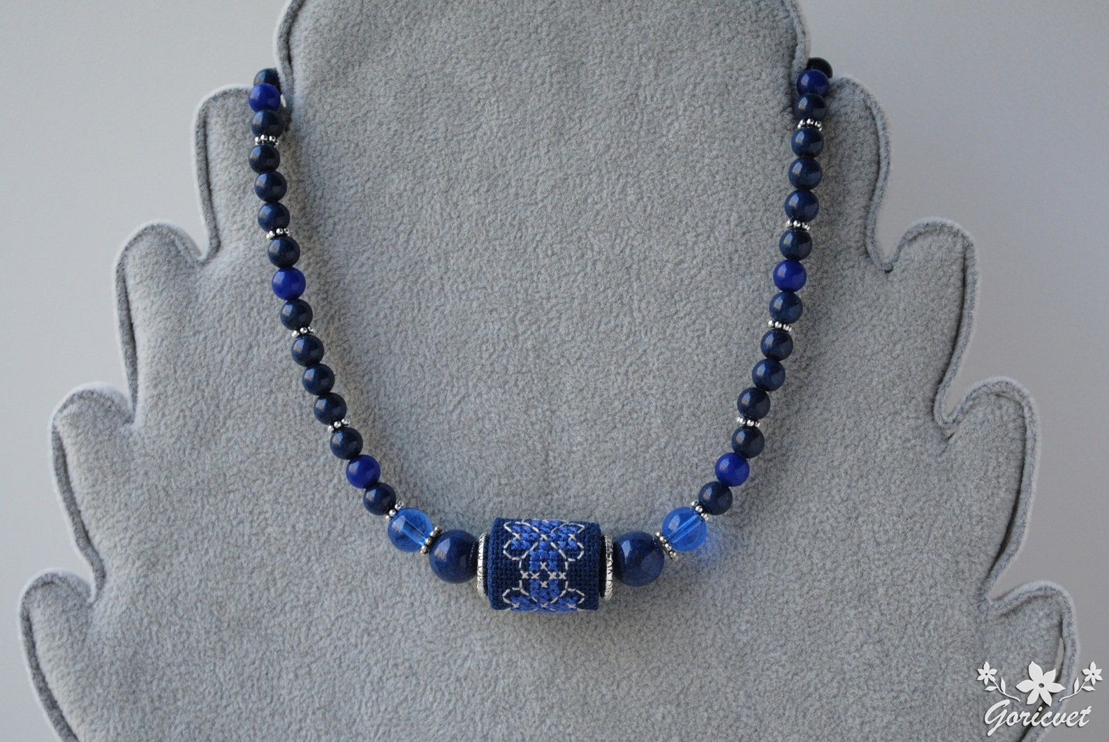 Navy Blue Necklace Jade Choker Necklace Embroidered Fabric - Etsy