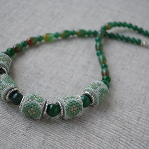 Green Agate Necklace Embroidered Ukrainian Jewelry Boho Stone Necklace ...