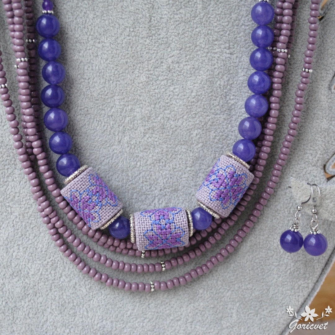 Folklore Violet Necklace Embroidered Purple Jade Necklace Beaded ...