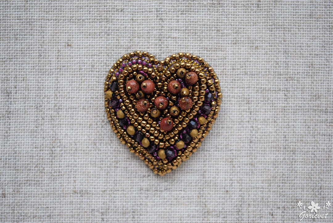 Autumn Brooch Sandstone Beaded Heart Brooch Embroidered Pin Fall Colors ...
