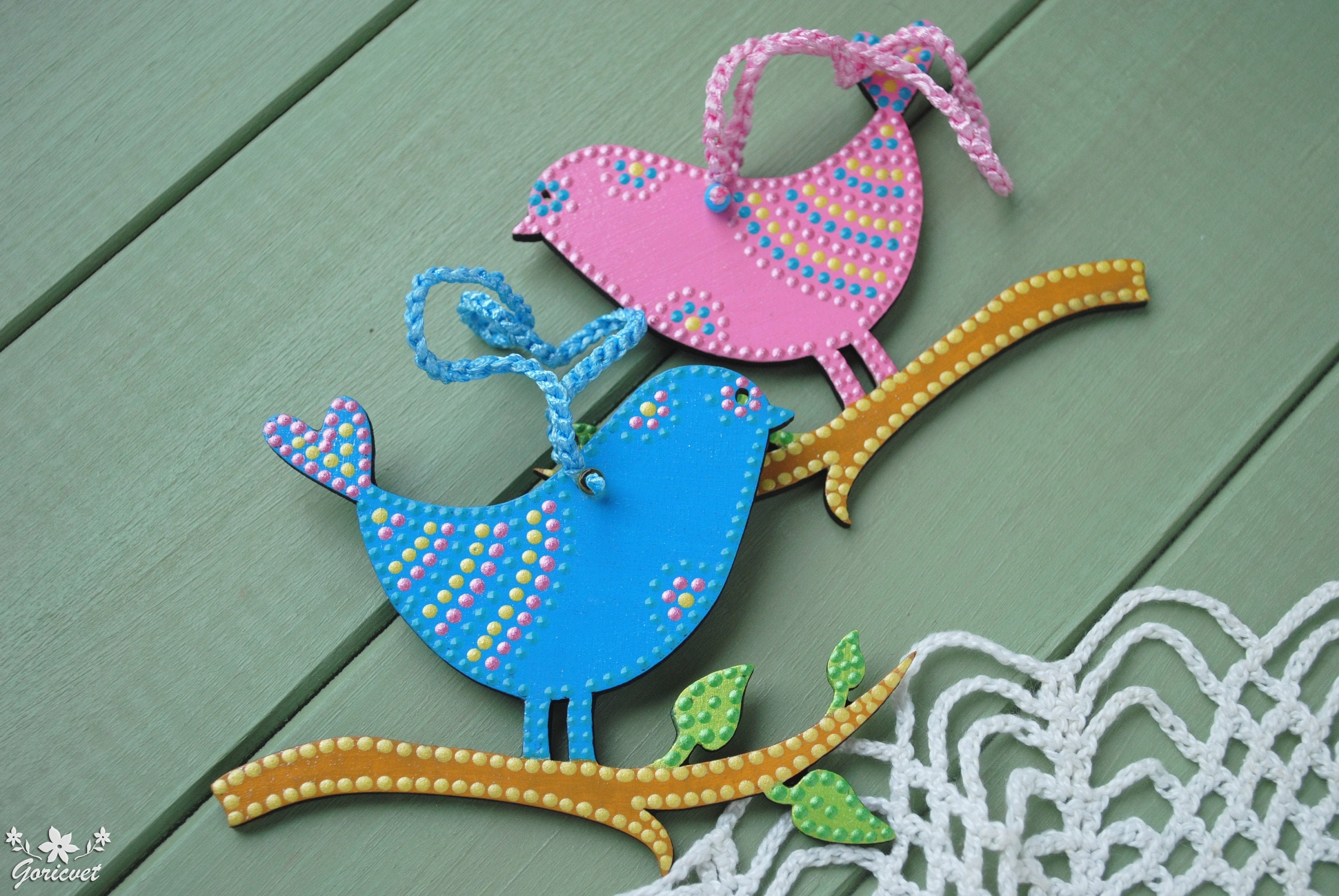 Wood hanging bird Easter ornaments Painted decoration Rustic | Etsy