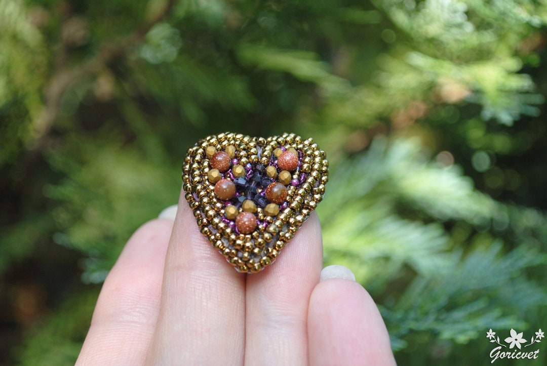 Small Heart Beaded and Goldstone Brooch Fall Colors Embroidered Pin of ...